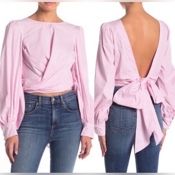 Wayf | Tops | Wayf Pink And White Pinstripe Wrap Blouse With Pearl ...